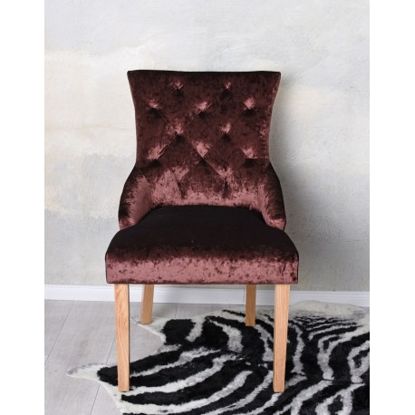 Scaun din lemn masiv natur cu tapiterie din catifea maro inchis