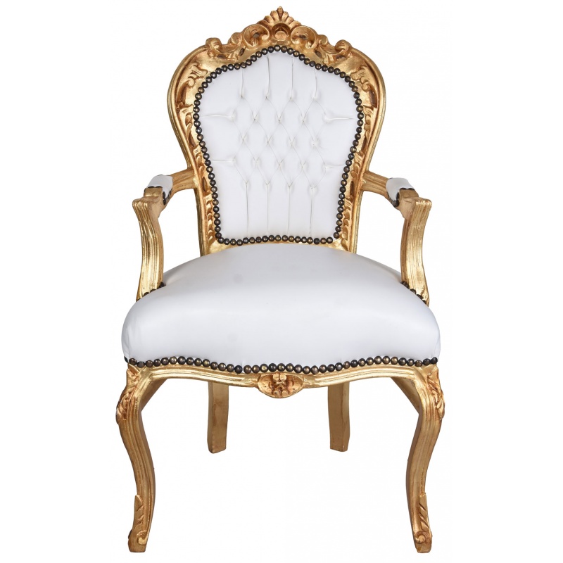 Scaun baroc din lemn masiv auriu cu tapiterie alba