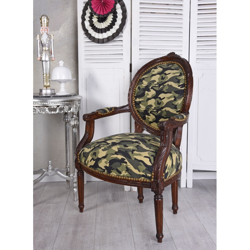 Scaun baroc din lemn mahon cu tapiterie camuflaj