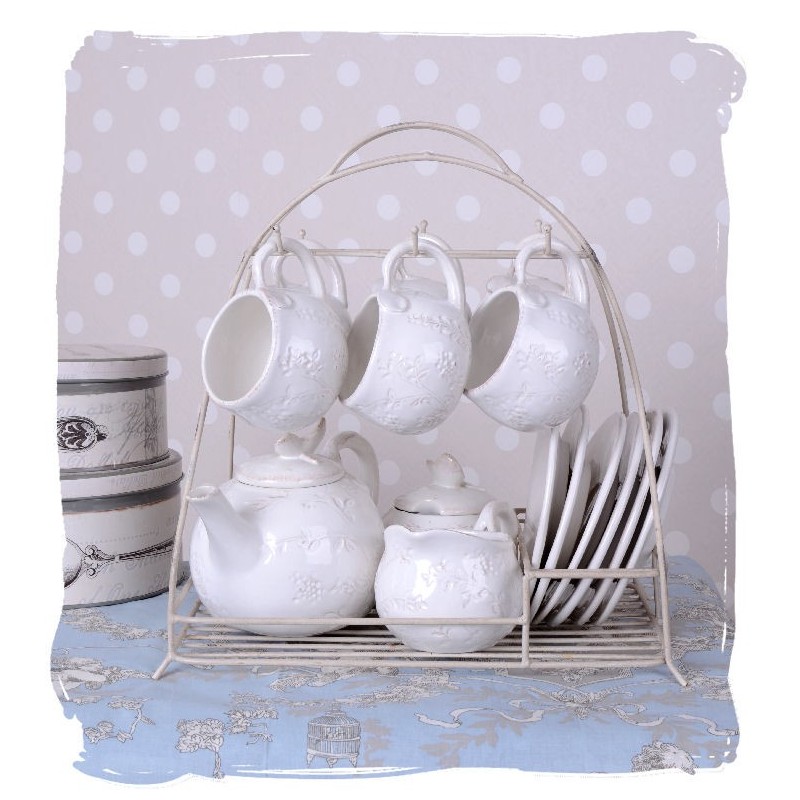 Set ceai din portelan alb cu suport din fier forjat